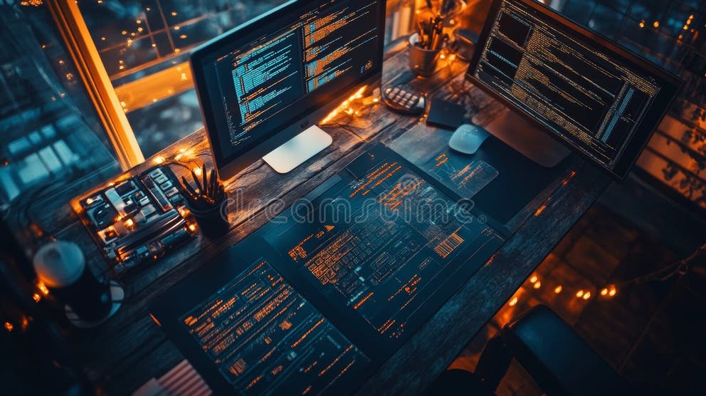 High-tech Dual Monitor Coding Workspace with Glowing Lights Stock Photo - Image of tech ...