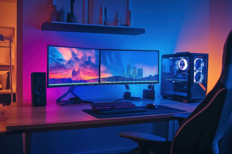 High-tech Dual-monitor Home Office Setup with Ergonomic Chair and ...