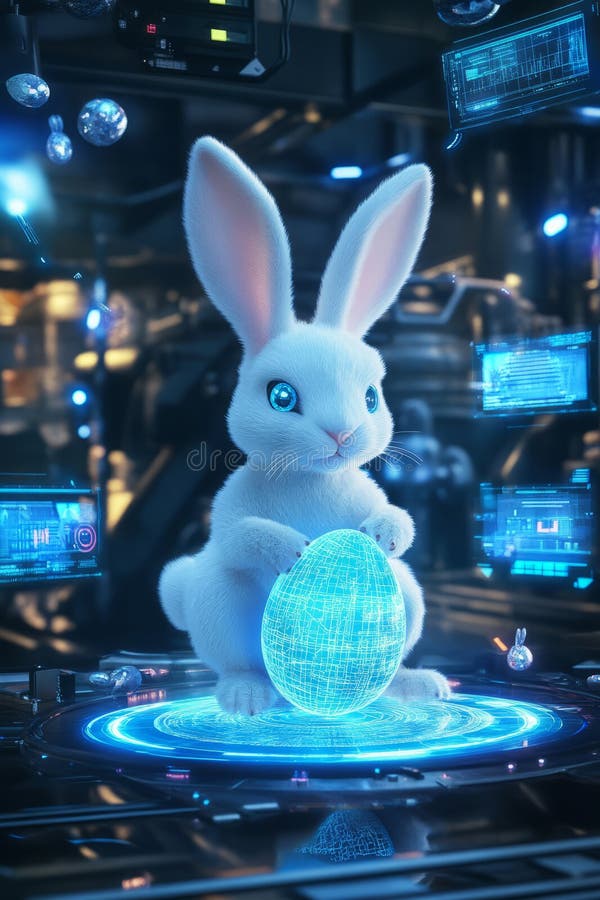 A High-tech Easter Bunny Surrounded by Floating Data Screens, Scanning ...