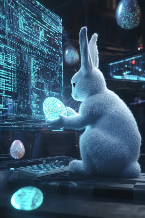 A High-tech Easter Bunny Surrounded by Floating Data Screens, Scanning ...