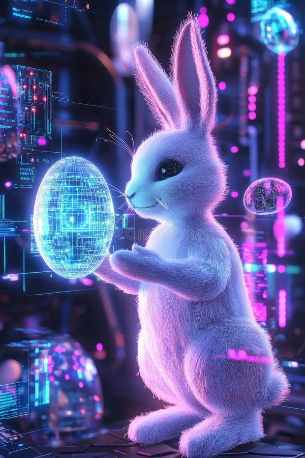 A High-tech Easter Bunny Surrounded by Floating Data Screens, Scanning ...