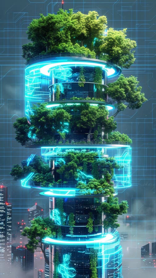 High-tech Eco-tower with Greenery and Neon Technology Features Stock ...