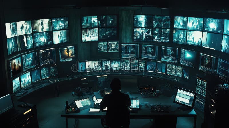 High-Tech Editing Room with Multiple Screens Displaying Data Visualizations Stock Illustration ...