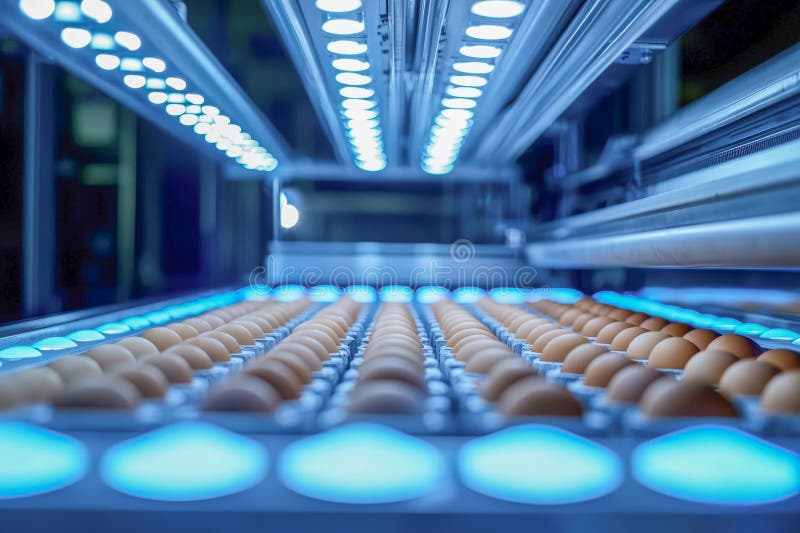 High-Tech Egg Sorting Process with Blue UV Lighting in a Modern Facility Stock Illustration ...