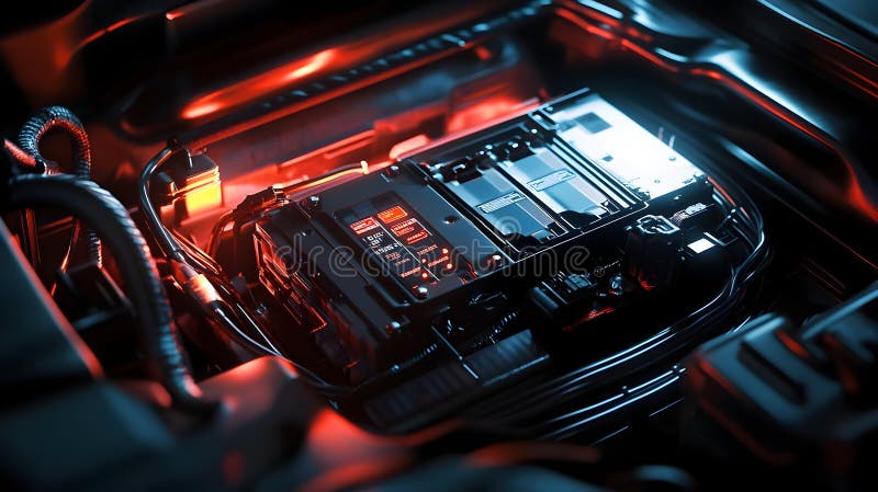 High-tech Electric Car Battery in Vehicle Engine Compartment with Red ...