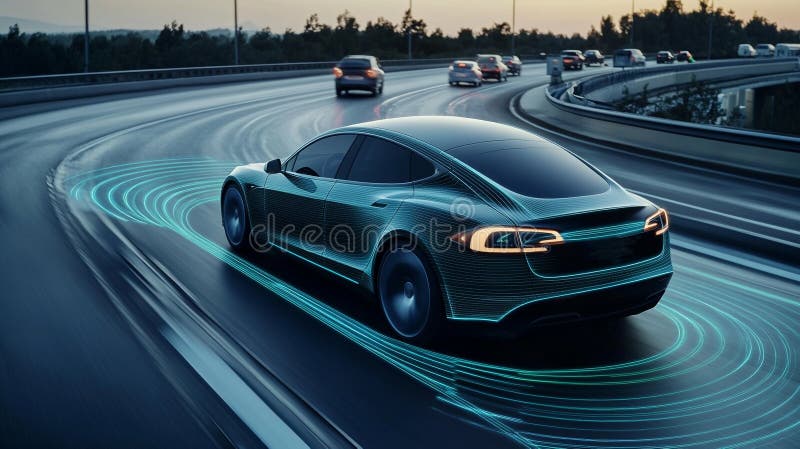 High-tech Electric Car Surrounded by Holographic Visuals on the Road ...