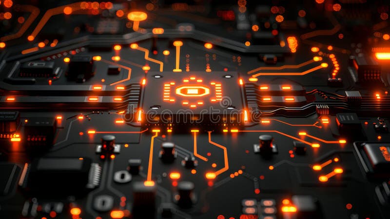 High-Tech Electronic Circuit Board with Glowing Red Lights and Advanced ...