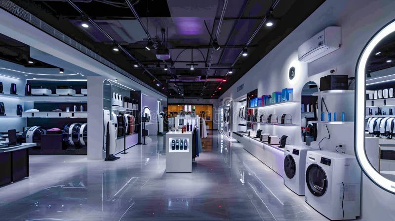 High-Tech Electronic Store with Futuristic Neon Lighting. Generative Ai Stock Illustration ...