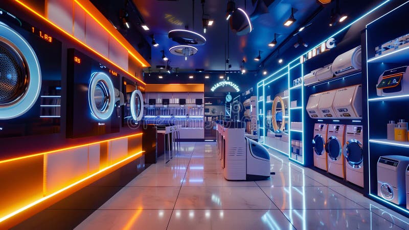 High-Tech Electronic Store with Futuristic Neon Lighting. Generative Ai ...
