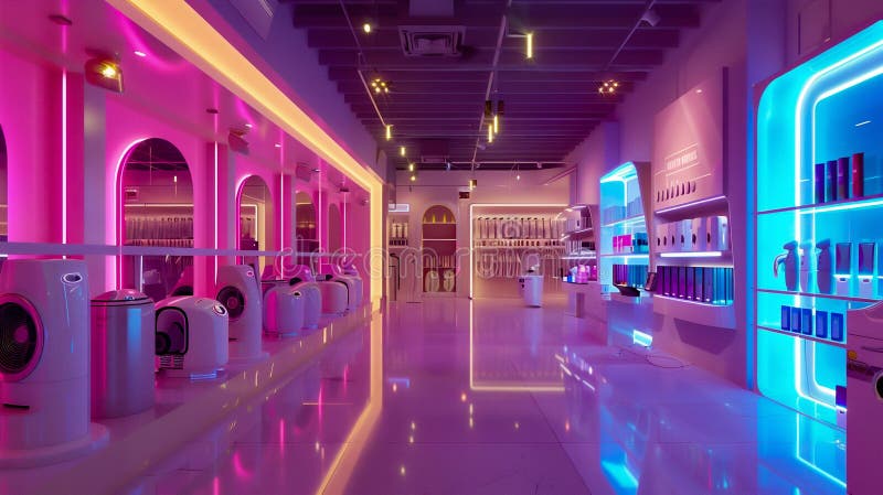 High-Tech Electronic Store with Futuristic Neon Lighting. Generative Ai ...