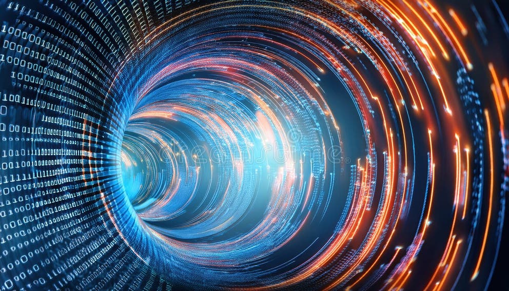 High-tech Encrypted Tunnel of Neon Binary Code Streams with Digital Swirl Effect and Close-up ...