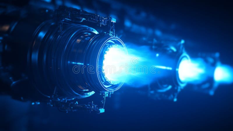 High-tech Engine with Glowing Blue Plasma Jets in a Futuristic Setting ...