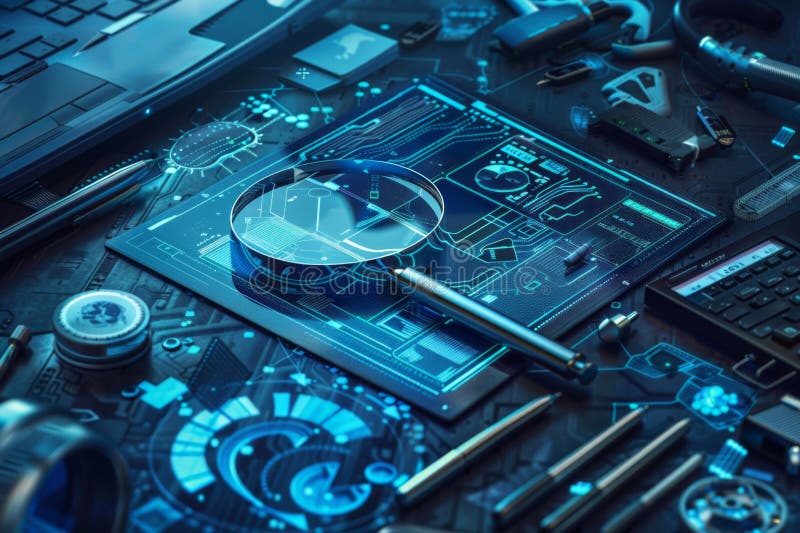 High-Tech Engineering Workspace with Digital Tools Stock Illustration ...