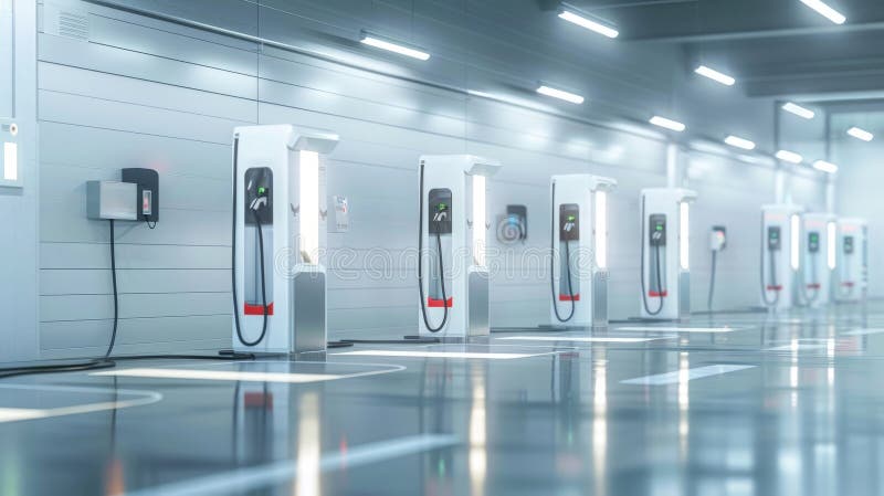 High-tech Environment with Electric Vehicle Charging Stations, Bright ...