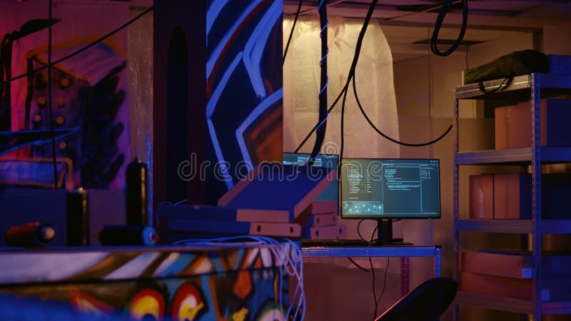 High Tech Equipment in Empty Basement Stock Image - Image of graffiti ...