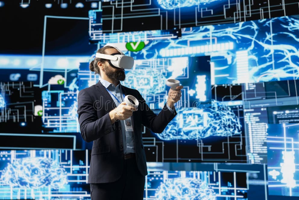 High Tech Expert Uses Vr Glasses Next To Neural Network AI Brain System Stock Photo - Image of ...