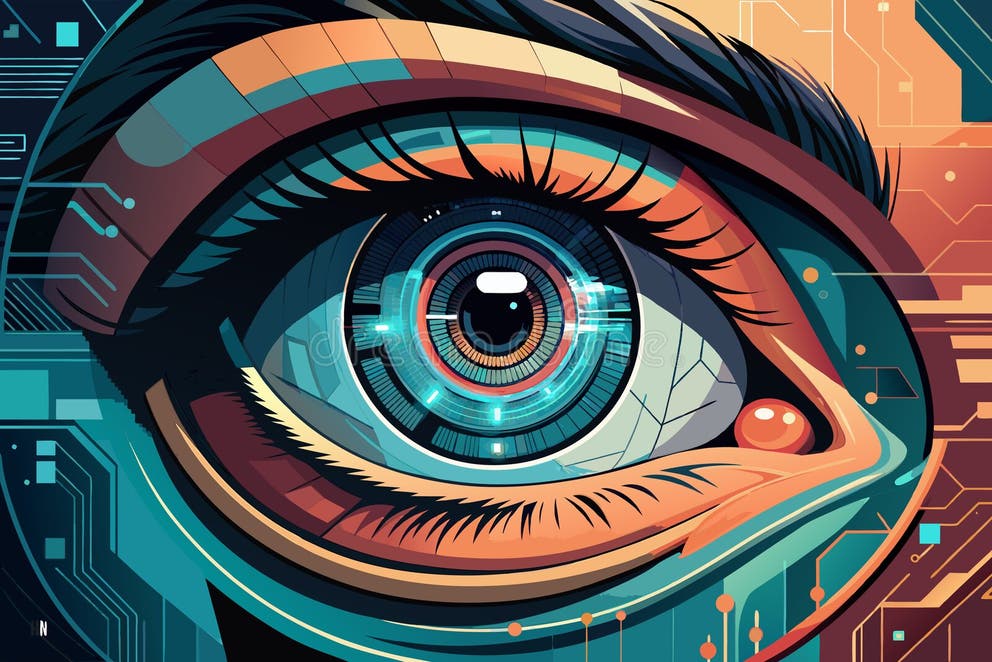 High-Tech Eye with Glowing Iris and Electronic Patterns Stock Vector ...
