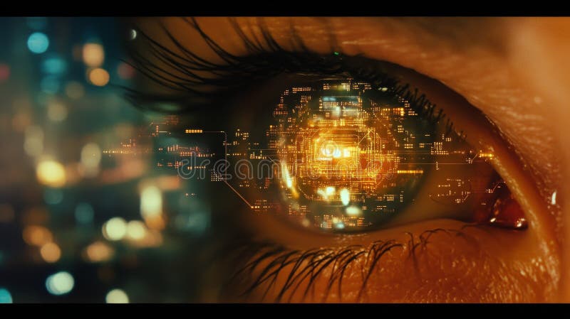 High-tech Eye with Golden Circuit Design and Glowing Interface Stock ...