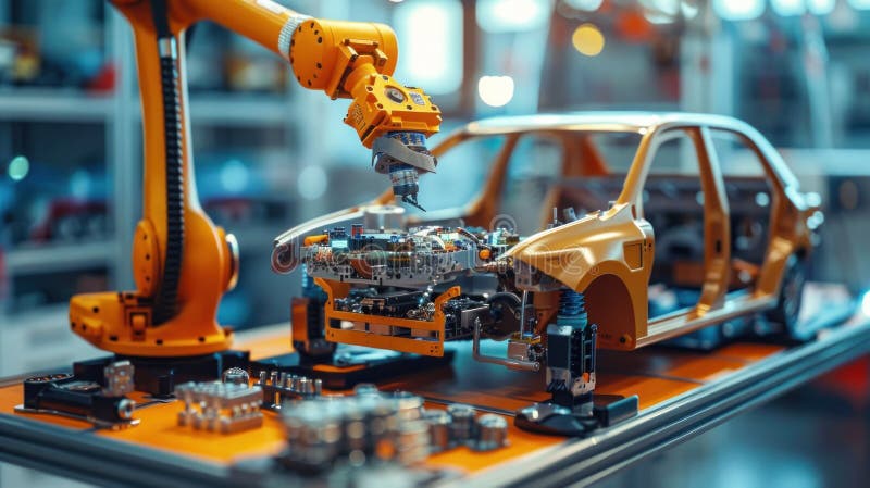 High Tech Factory Floor with Robotic Arms Assembling Sleek Car Concept ...