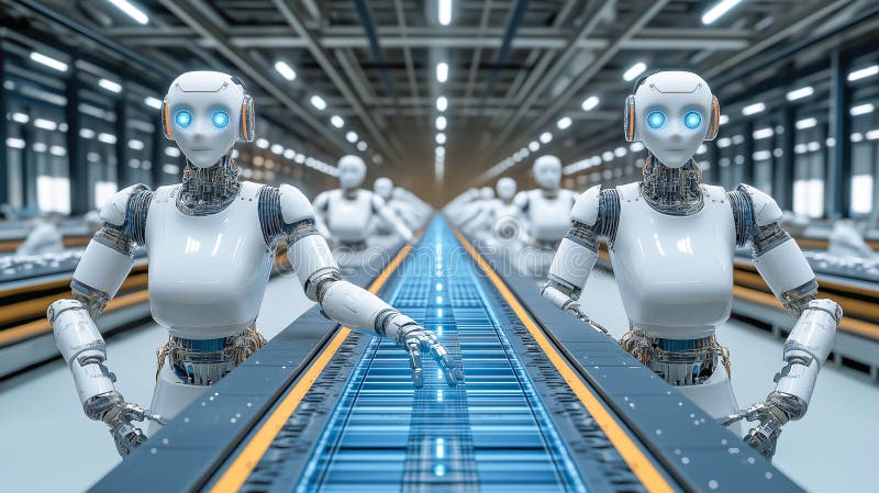 Robot AI Operates Conveyor System in Advanced Factory during Production ...