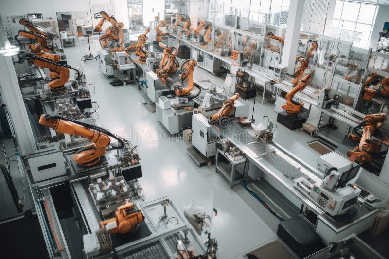 High-tech Factory, with Robotic Arms Assembling Intricate Devices and ...