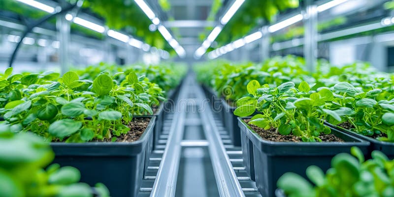 High-Tech Farming.a Row of Potted Plants are Lined Up in a Greenhouse ...