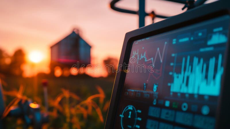 High-tech Farming Screen with Sunset Background Stock Photo - Image of ...