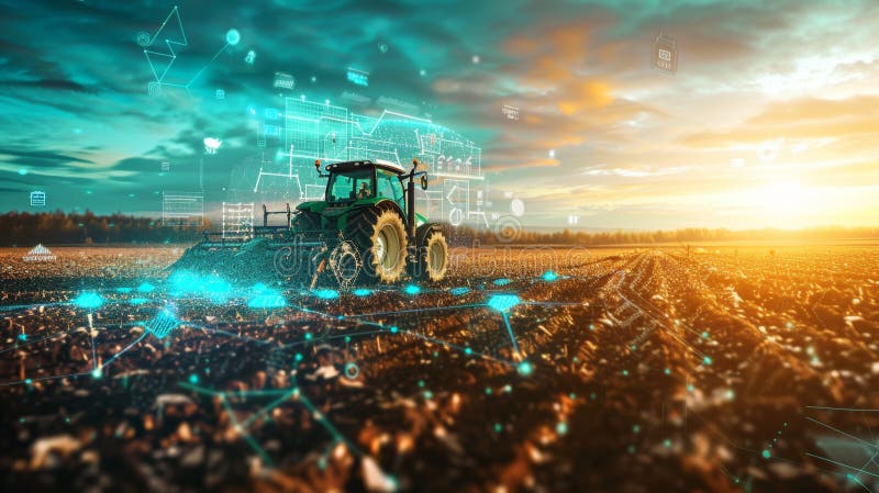High-Tech Farming Tractor on Digitalized Field at Sunrise, Generative ...
