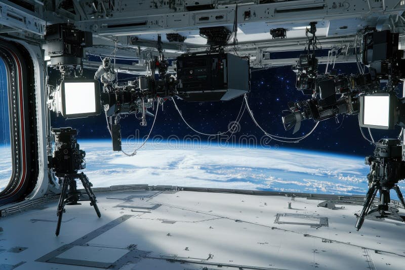Filming Setup Inside the International Space Station with Earth Visible ...