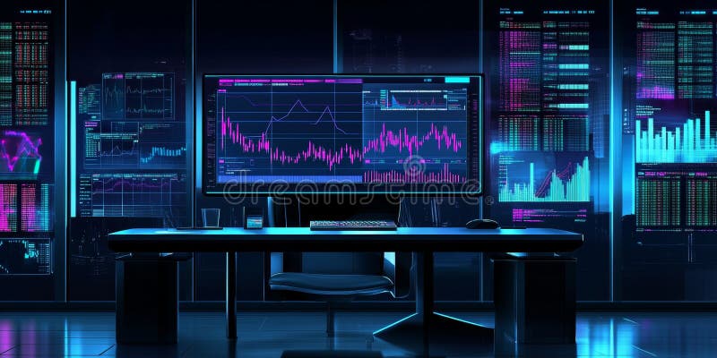 High-Tech Financial Analysis Workspace with Neon Visuals and Large ...