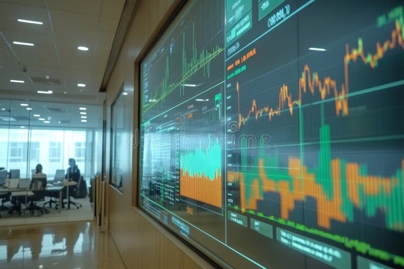 High-tech Financial Charts and Graphs Display Projected on a Glass Wall ...