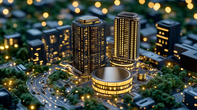 High Tech Financial Hub with Illuminated Skyscrapers and Greenery Stock ...