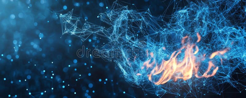 High-tech Firewall Concept with a Digital Wireframe Network and Flames ...