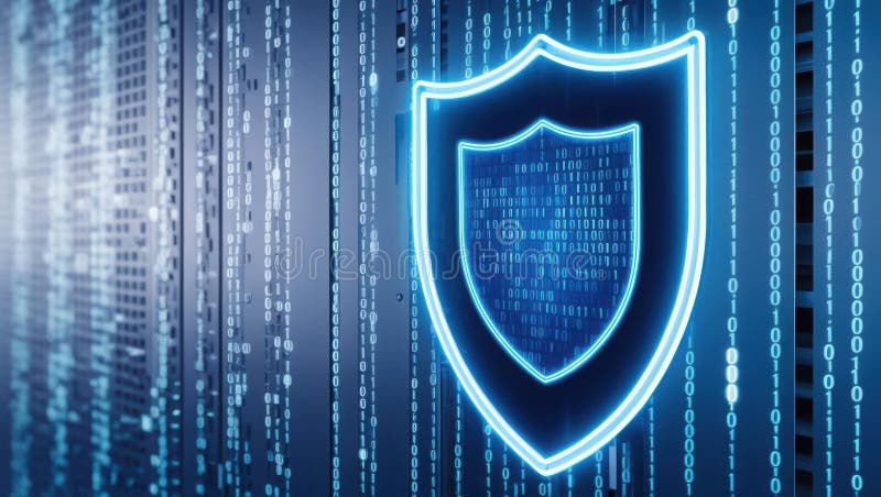 High-tech Firewall Protection with Neon-lit Data Shield and Binary Code ...