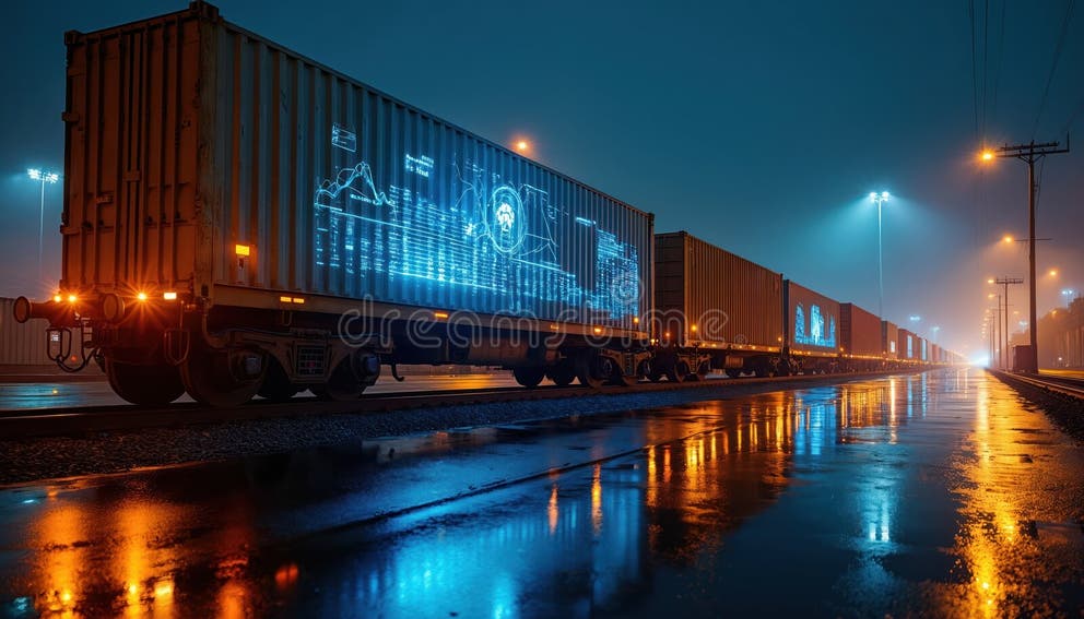 High-tech Freight Train with Glowing Blue Digital Interface on ...