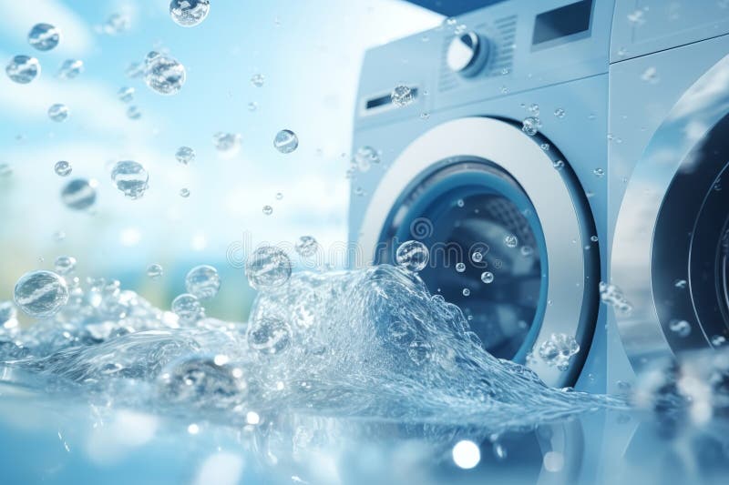 Front-loading Washing Machine with Water Splash on Blue Background ...