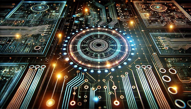 High-tech Futuristic Background Featuring Glowing Circuitry, Digital Grids, and Neon Highlights ...