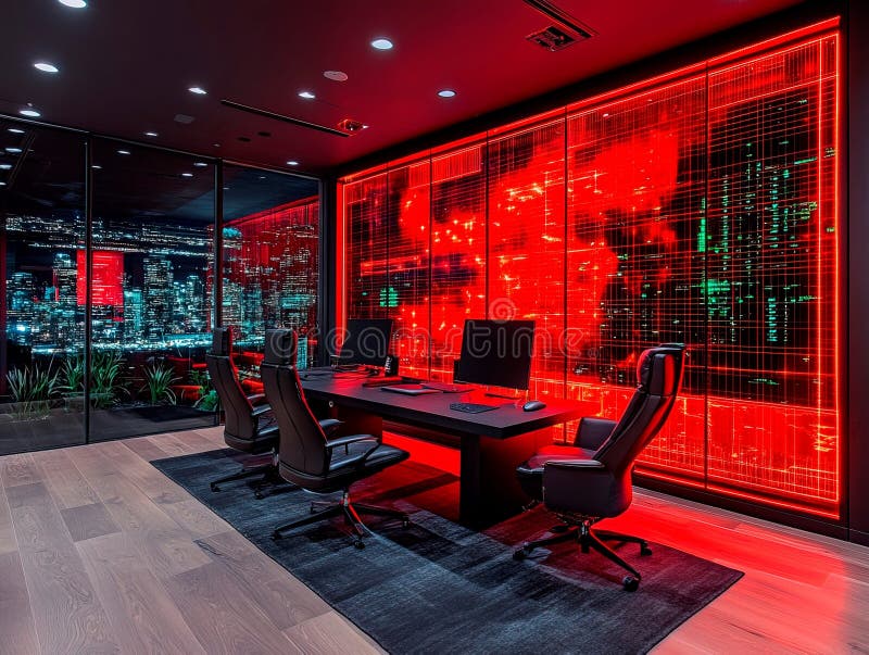 A High Tech Futuristic Command Center With A Large Desk For Multiple Users Featuring Computer