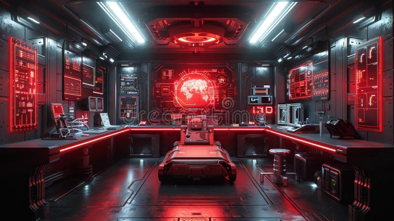 High-tech Futuristic Control Room with Red Neon Lights - Generative Ai ...