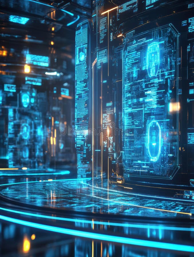 High Tech Futuristic Corridor with Glowing Blue Panels and Digital ...