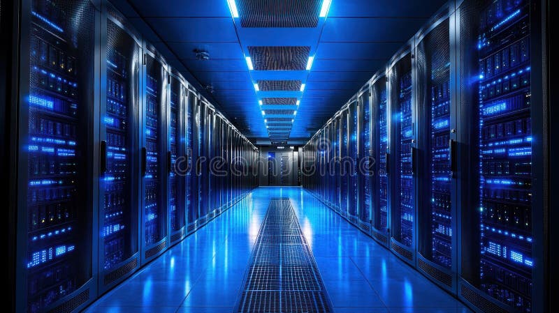 High Tech Futuristic Data Center with Blue LED Lighting and Servers ...
