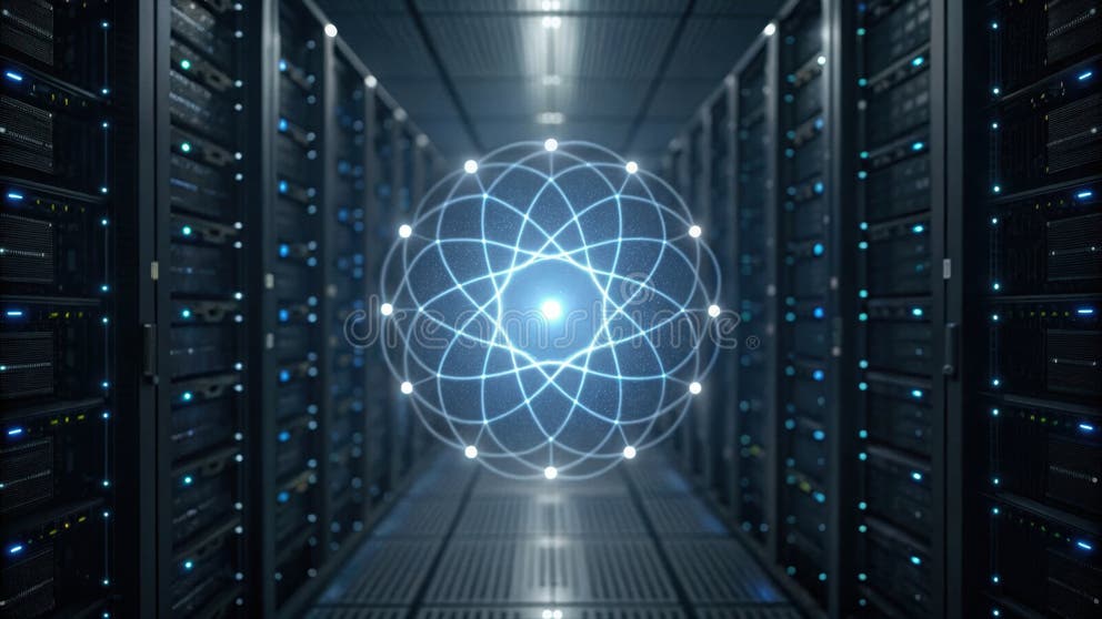 High Tech Futuristic Data Server Room with Digital Neon Atom Symbol ...