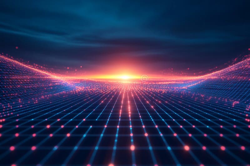 High-tech Futuristic Digital Landscape with Glowing Neon Grids and ...