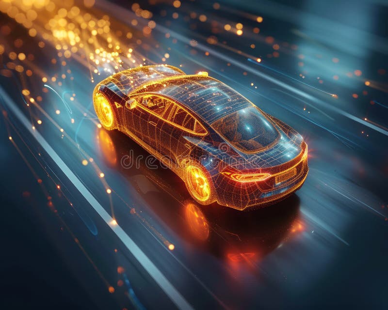 High Tech Futuristic Electric Car on a Highway with Digital Effects ...