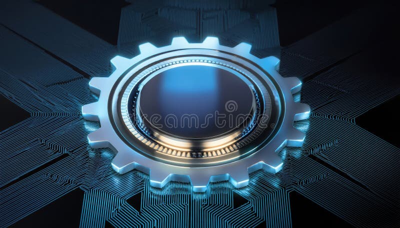 High Tech Futuristic Gear Icon with Glowing Blue Light Representing ...