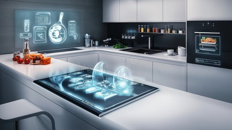 High-tech Futuristic Kitchen with Holographic Cooking Interface Stock ...
