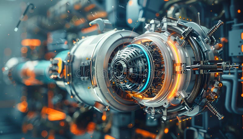 High Tech Futuristic Turbine Engine with Fans, Wires, Connectors in ...
