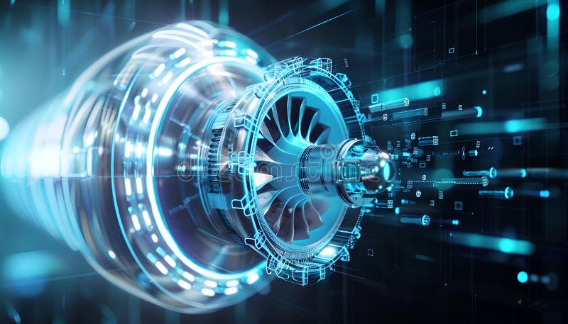 High Tech Futuristic Turbine Engine with Fans, Wires, Connectors in ...