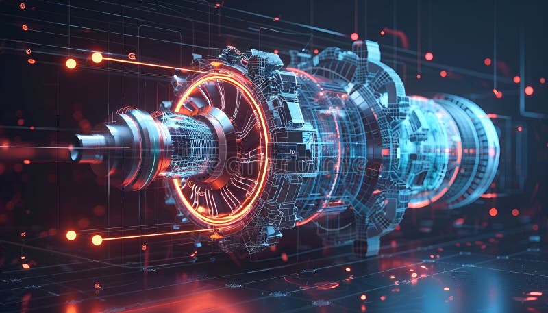 High Tech Futuristic Turbine Engine with Fans, Wires, Connectors in ...