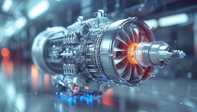 High Tech Futuristic Turbine Engine with Fans, Wires, Connectors in ...